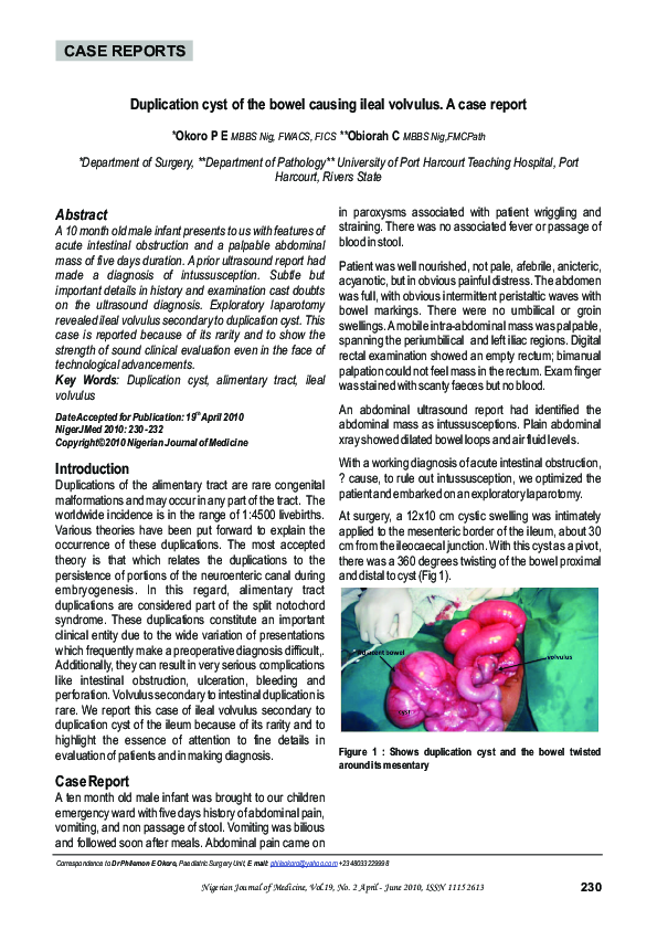 Pdf Duplication Cyst Of The Bowel Causing Ileal Volvulus A Case Report Philemon Okoro