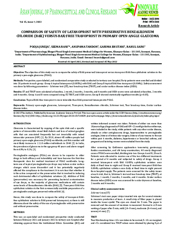 (PDF) COMPARISON OF SAFETY OF LATANOPROST WITH PRESERVATIVE ...