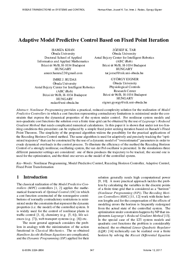 (PDF) Adaptive Model Predictive Control Based on Fixed Point Iteration | Imre Rudas - Academia.edu