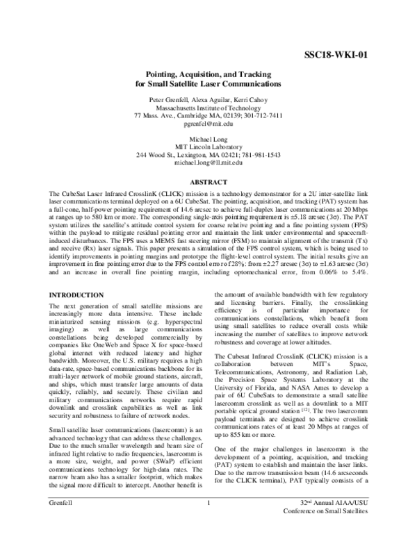 (PDF) Body pointing, acquisition and tracking for small satellite laser ...