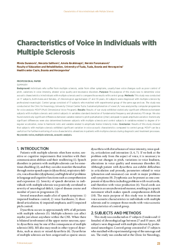 (PDF) Characteristics of Voice in Individuals with Multiple Sclerosis ...