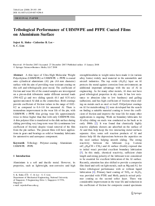 (PDF) Tribological Performance of UHMWPE and PFPE Coated Films on ...