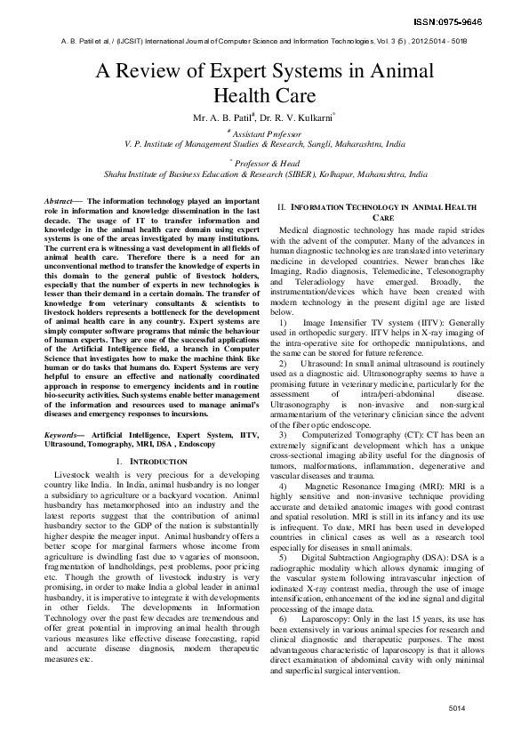 (PDF) A Review of Expert Systems in Animal Health Care