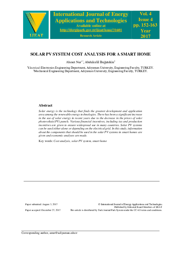 (PDF) Solar PV System Cost Analysis for a Smart Home
