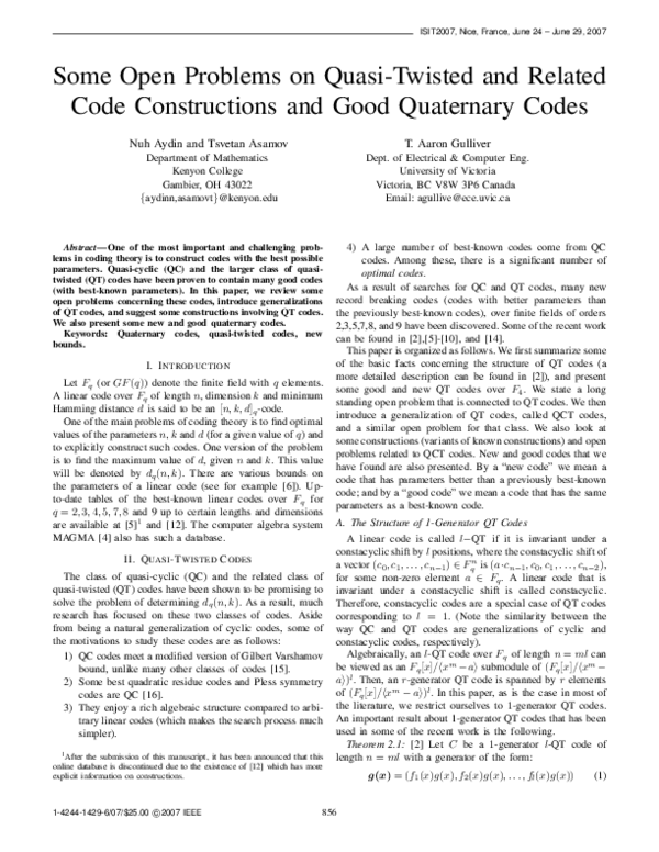 (PDF) Some Open Problems on QuasiTwisted QuasiTwisted QuasiTwisted and Related Code ...