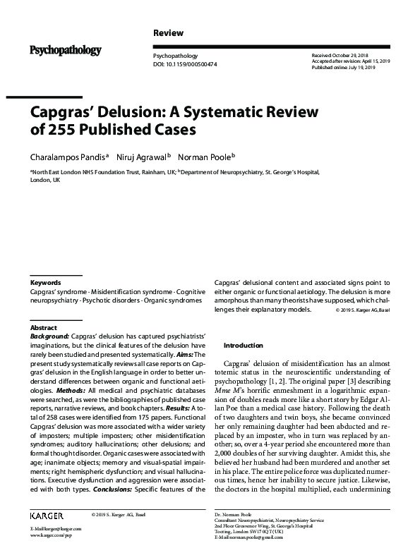 (PDF) Capgras’ Delusion: A Systematic Review of 255 Published Cases