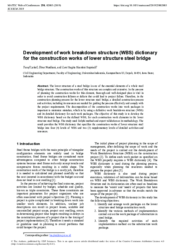 (PDF) Development of work breakdown structure (WBS) dictionary for the ...