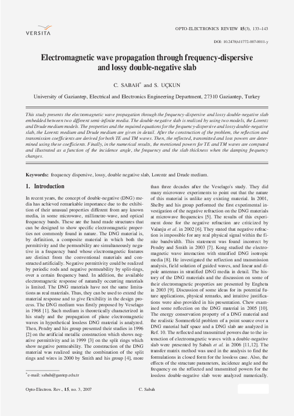 Pdf Electromagnetic Wave Propagation Through Frequency Dispersive And
