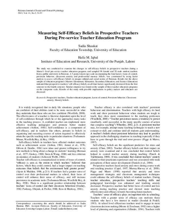 (PDF) Measuring Self-Efficacy Beliefs in Prospective Teachers during Pre-Service Teacher ...