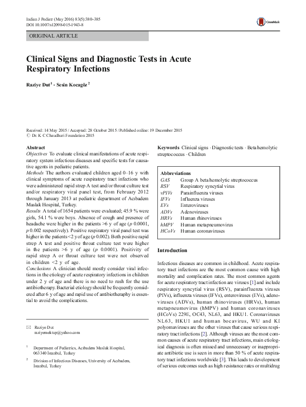 (PDF) Clinical Signs and Diagnostic Tests in Acute Respiratory Infections