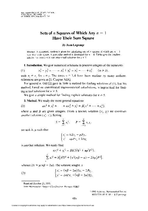 (PDF) Sets of n Squares of Which Any n - 1 Have Their Sum Square