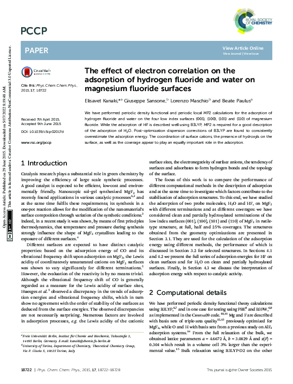 (PDF) The effect of electron correlation on the adsorption of hydrogen fluoride and water on ...