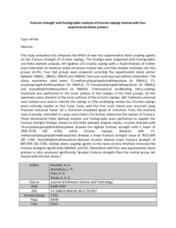 (PDF) Fracture strength and fractographic analysis of zirconia copings treated with four ...