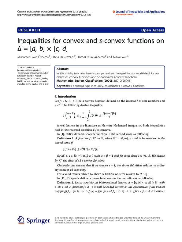 Pdf Inequalities For Convex And S Convex Functions On Δ A B × C D