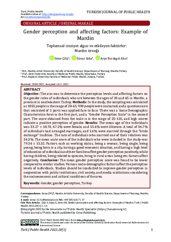 (PDF) Gender perception and affecting factors: Example of Mardin | Ayşe ...
