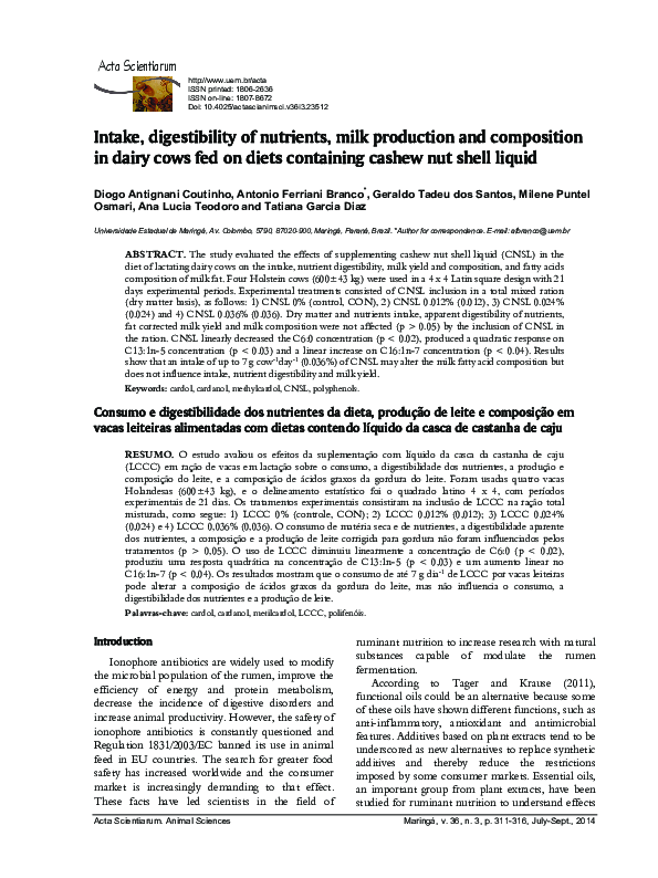 (PDF) Intake, digestibility of nutrients, milk production and composition in dairy cows fed on ...