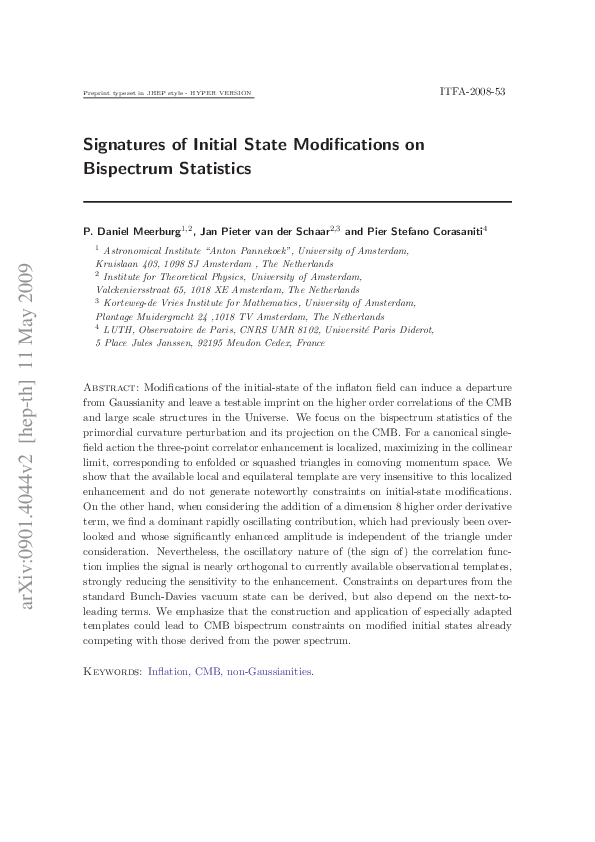 (PDF) Signatures of initial state modifications on bispectrum statistics