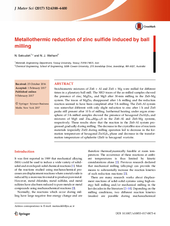 (PDF) Metallothermic reduction of zinc sulfide induced by ball milling