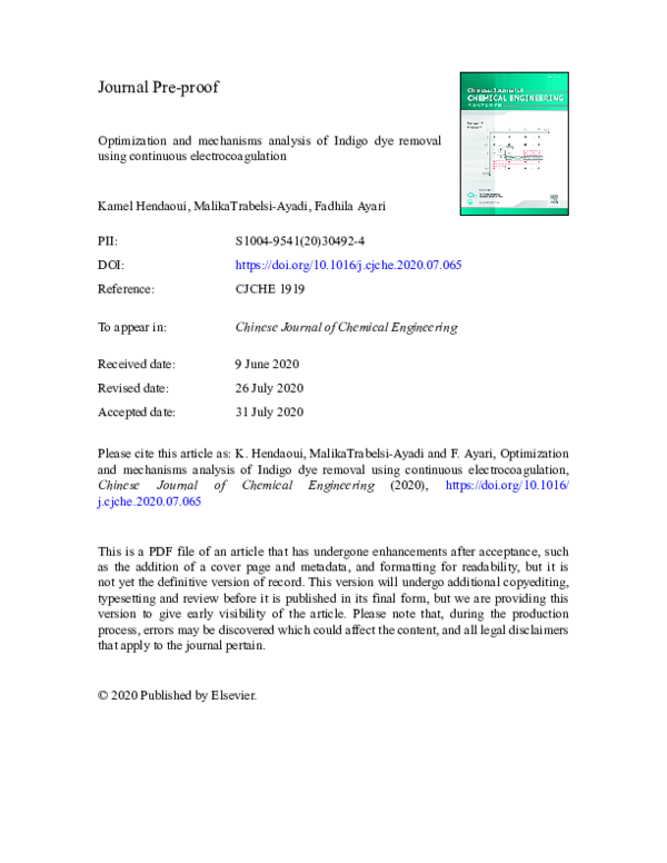 (PDF) Optimization and mechanisms analysis of indigo dye removal using continuous electrocoagulation