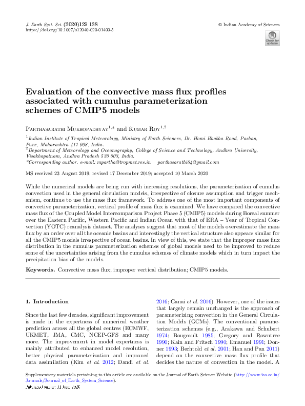 (PDF) Evaluation of the convective mass flux profiles associated with cumulus parameterization ...