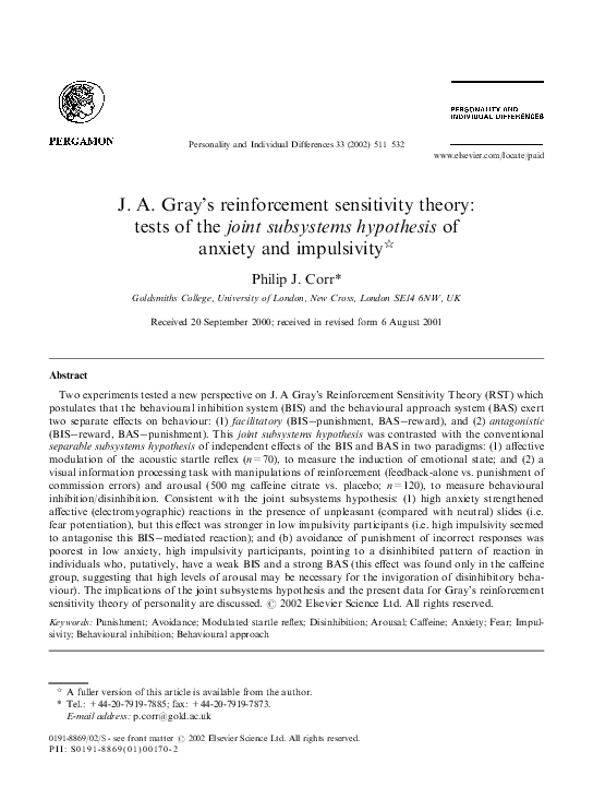(PDF) J. A. Gray's reinforcement sensitivity theory: tests of the joint ...