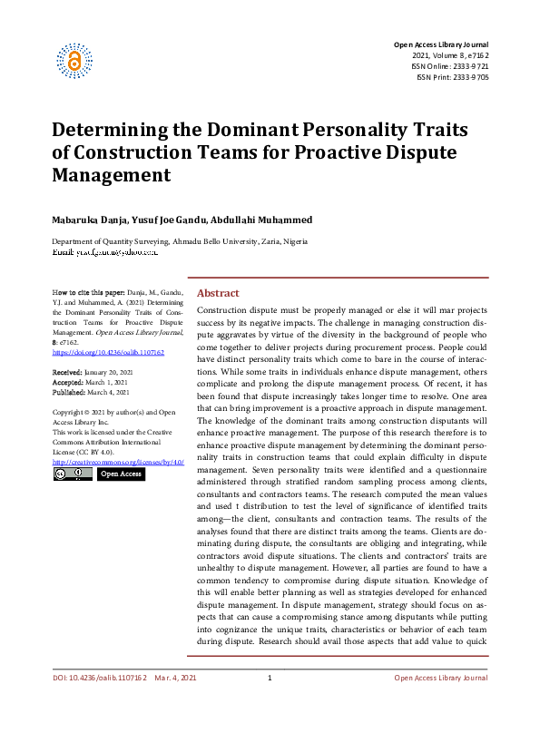 (PDF) Determining the Dominant Personality Traits of Construction Teams ...