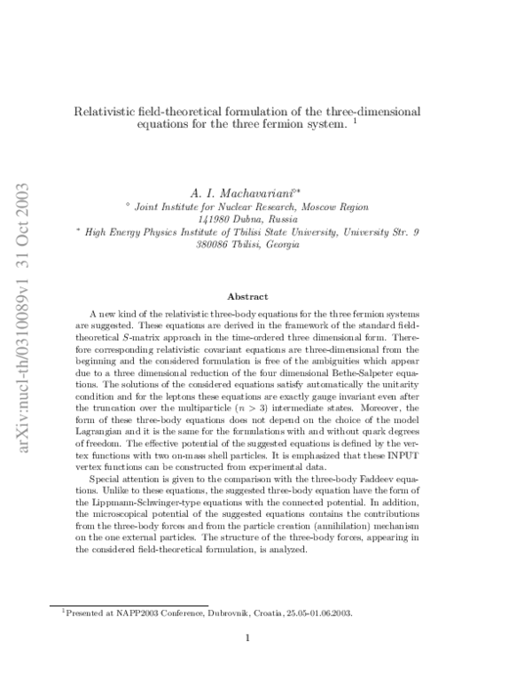 (PDF) Relativistic field-theoretical formulation of the three-dimensional equations for the ...
