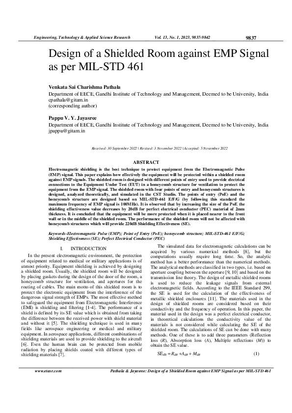 (PDF) Design of a Shielded Room against EMP Signal as per MIL-STD 461 ...