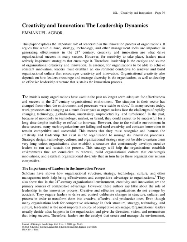 (PDF) Creativity and Innovation: The Leadership Dynamics