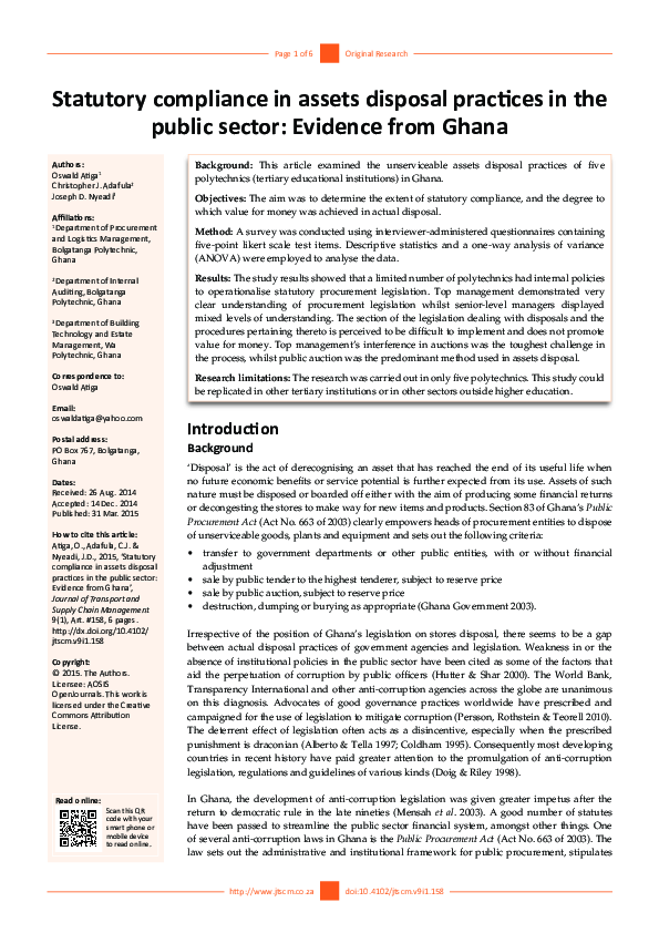 (PDF) Statutory compliance in assets disposal practices in the public ...