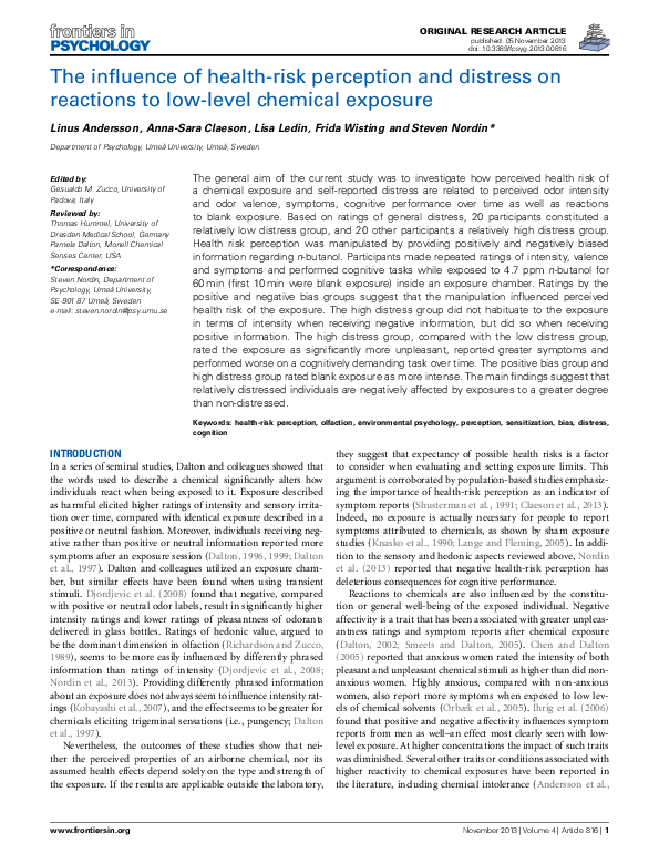 (PDF) The influence of health-risk perception and distress on reactions to low-level chemical ...