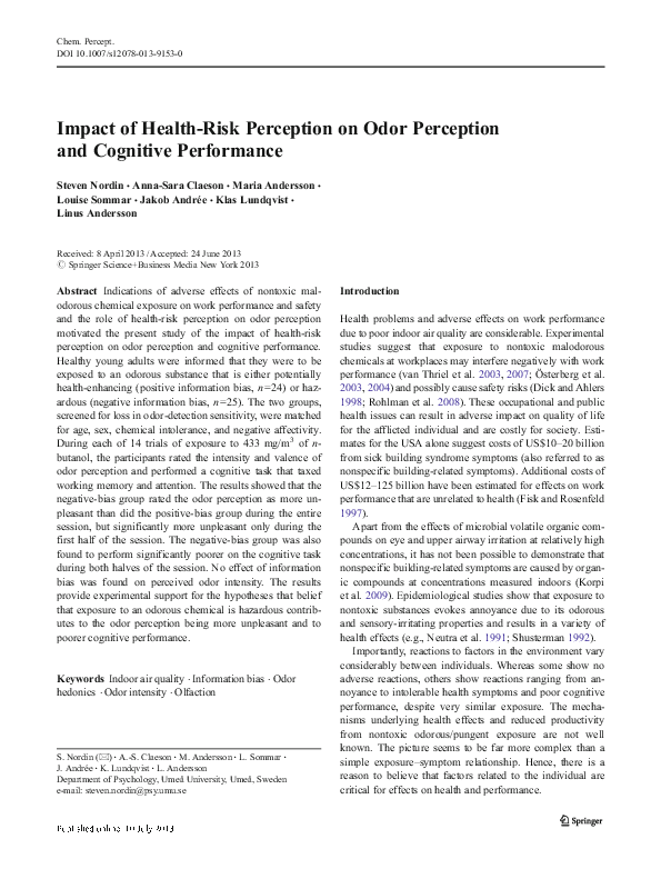 (PDF) Impact of health-risk perception on odor perception and cognitive ...