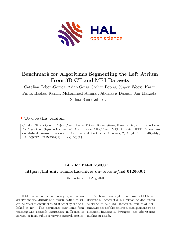 (PDF) Benchmark for algorithms segmenting the left atrium from 3D CT and MRI datasets