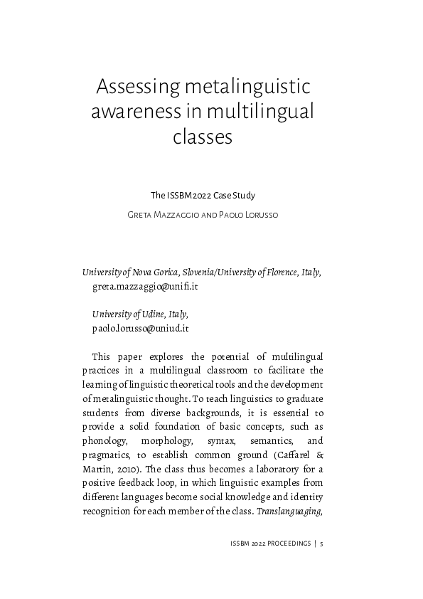 (PDF) Assessing metalinguistic awareness in multilingual classes. The ...