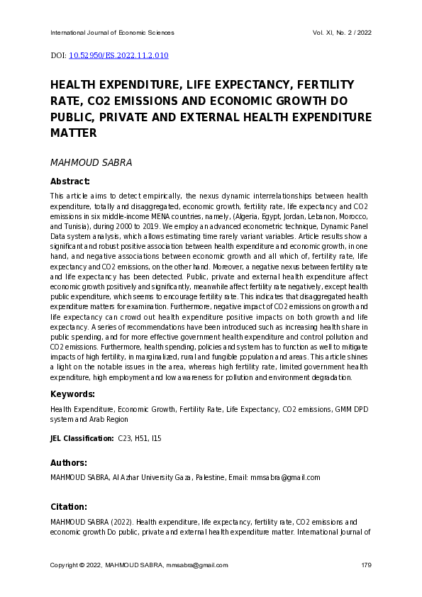 (PDF) Health expenditure, life expectancy, fertility rate, CO2 ...
