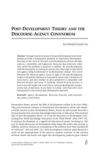 (PDF) Post-Development Theory and the Discourse-Agency Conundrum