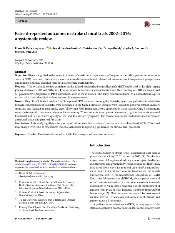 (PDF) Patient-reported outcomes in stroke clinical trials 2002–2016: a ...