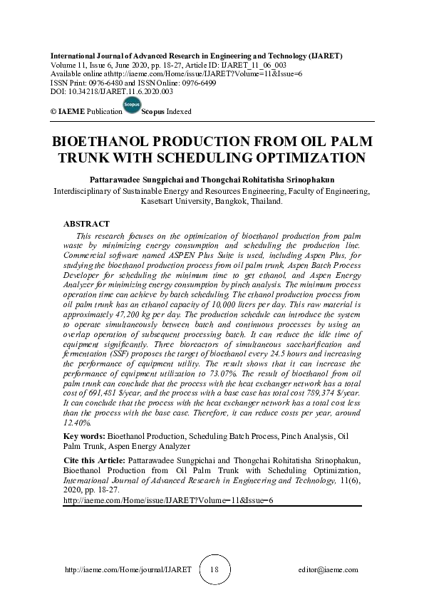 Pdf Bioethanol Production From Oil Palm Trunk With Scheduling