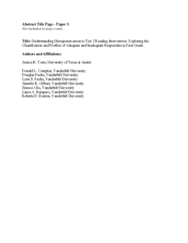 (PDF) Understanding Unresponsiveness to Tier 2 Reading Intervention