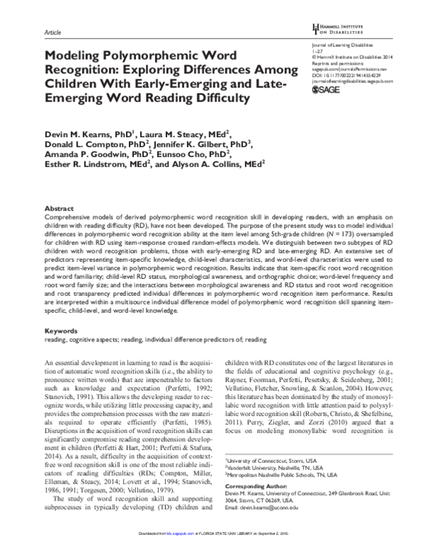 (PDF) Modeling Polymorphemic Word Recognition: Exploring Differences ...