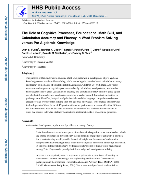 (PDF) The Role of Cognitive Processes, Foundational Math Skill, and Calculation Accuracy and ...