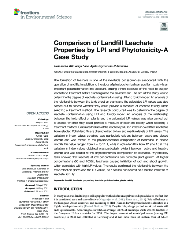 (PDF) Comparison of Landfill Leachate Properties by LPI and Phytotoxicity-A Case Study