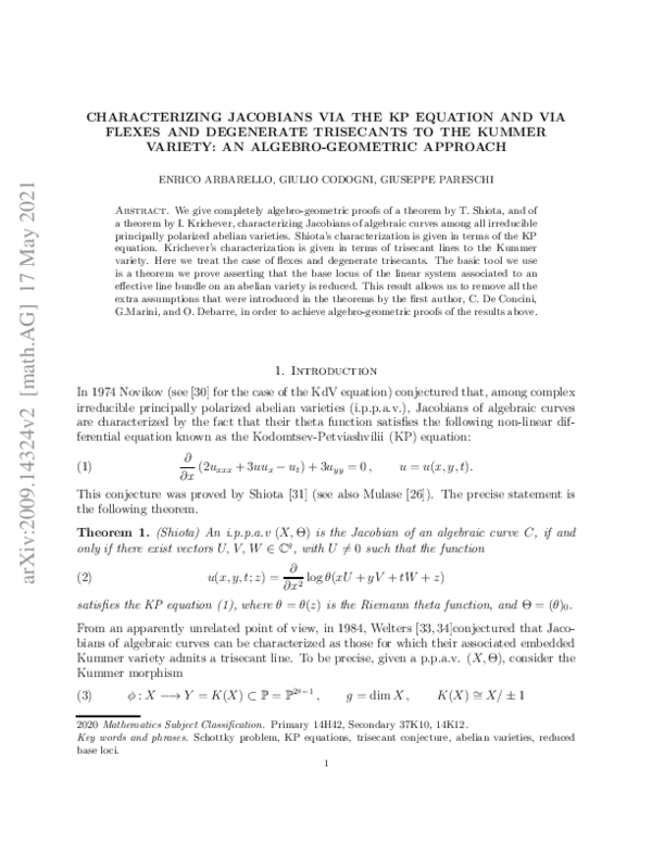 (PDF) Characterizing Jacobians via the KP equation and via flexes and degenerate trisecants to ...