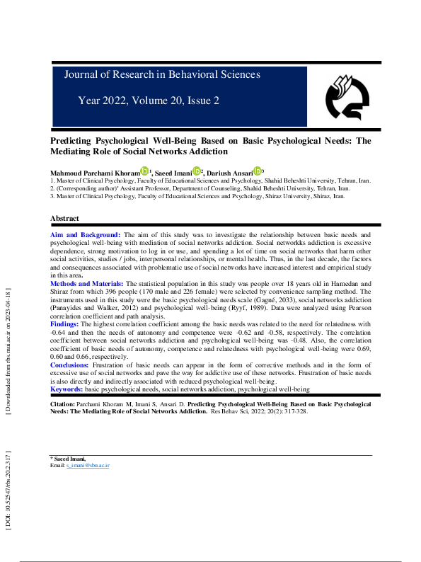 (PDF) Predicting Psychological Well-Being Based on Basic Psychological Needs: The Mediating Role ...