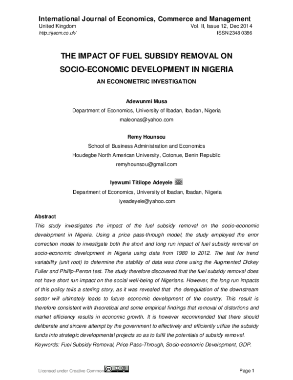 (PDF) The Impact of Fuel Subsidy Removal on Socio-Economic Development in Nigeria