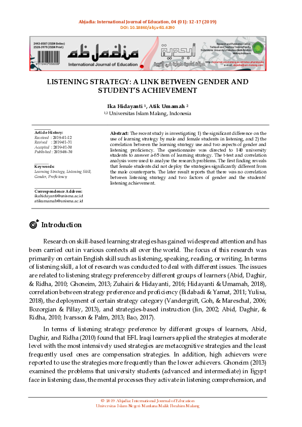 (PDF) Listening Strategy: A Link Between Gender and Student’s Achievement