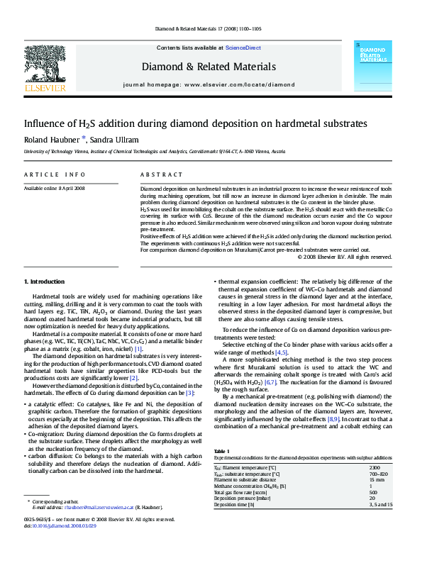 (PDF) Influence of H2S addition during diamond deposition on hardmetal ...