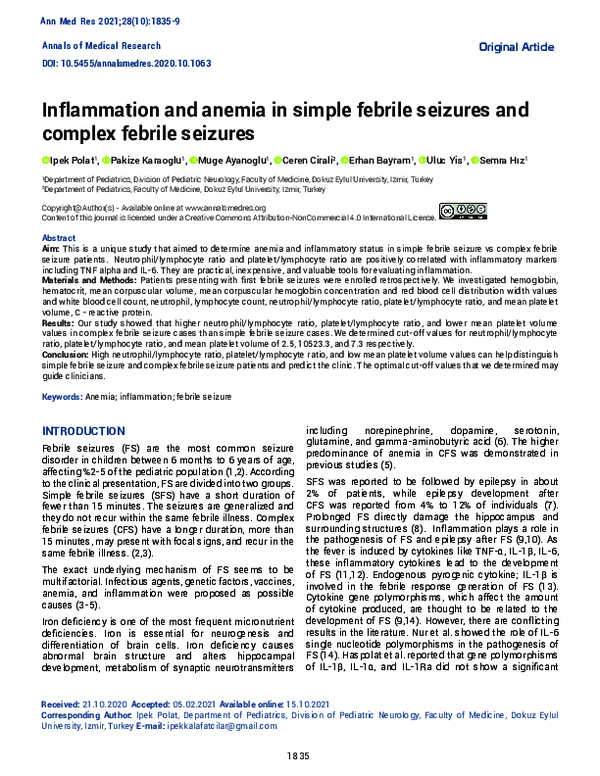 (PDF) Inflammation and anemia in simple febrile seizures and complex ...