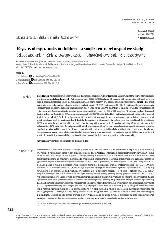 (PDF) 10 Years of Myocarditis in Children – a Single-Centre ...