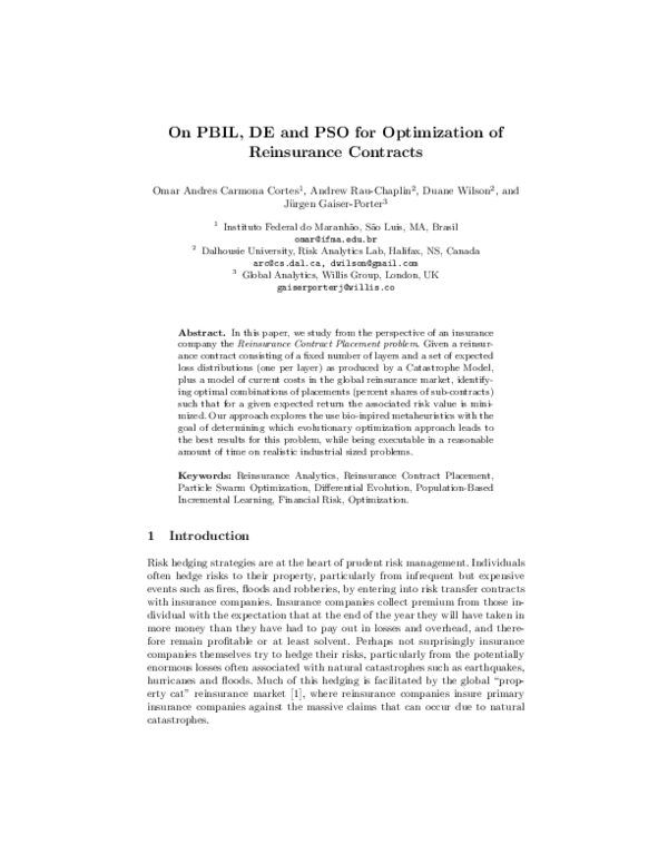 (PDF) On PBIL, DE and PSO for Optimization of Reinsurance Contracts